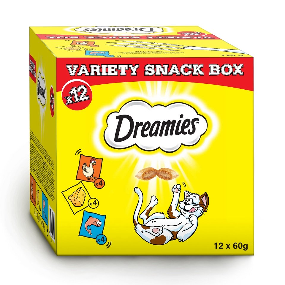 DREAMIES Variety Snack Box Csirke, sajt és lazac ízű macskaeledel 720 g ...
