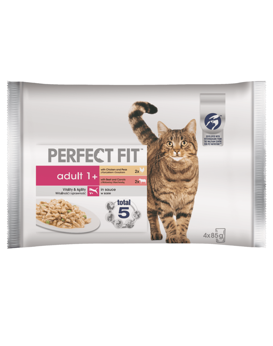 PERFECT FIT Cat Adult 1+ Húsgombóc csirke és marhahús mártással 4x85 g ...